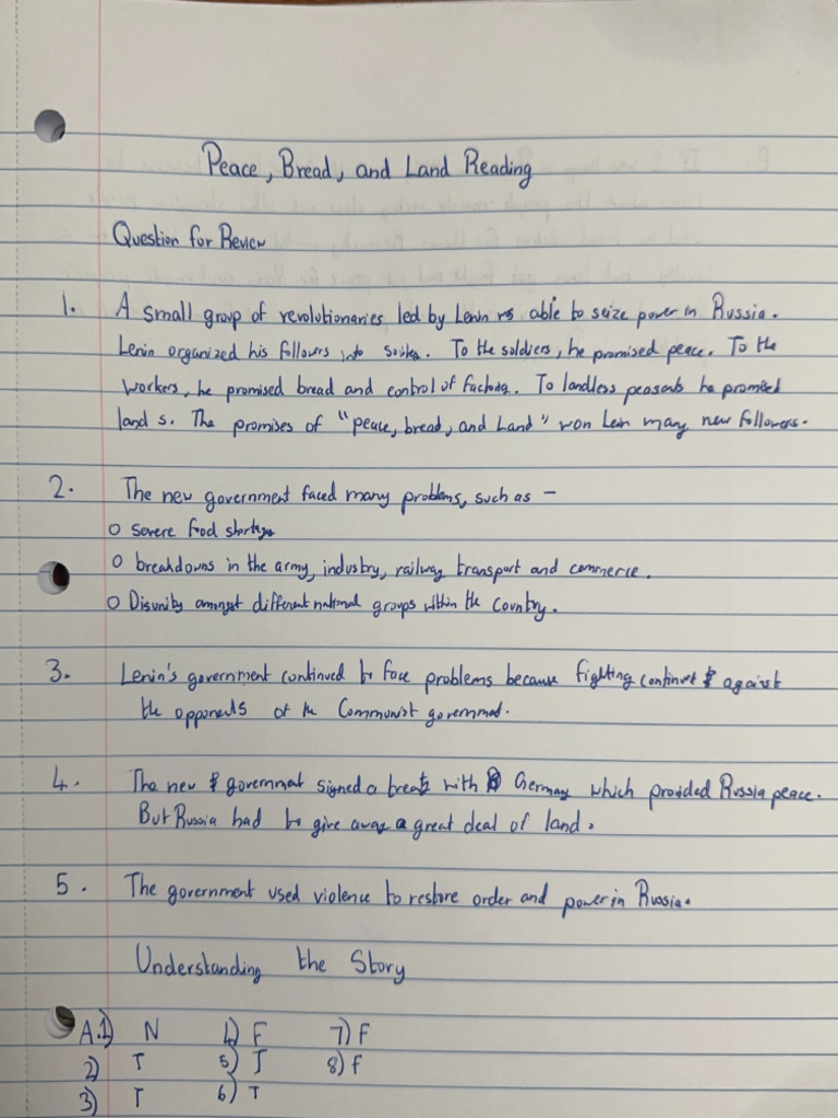 Peace, Bread, Land Reading Worksheet | PDF