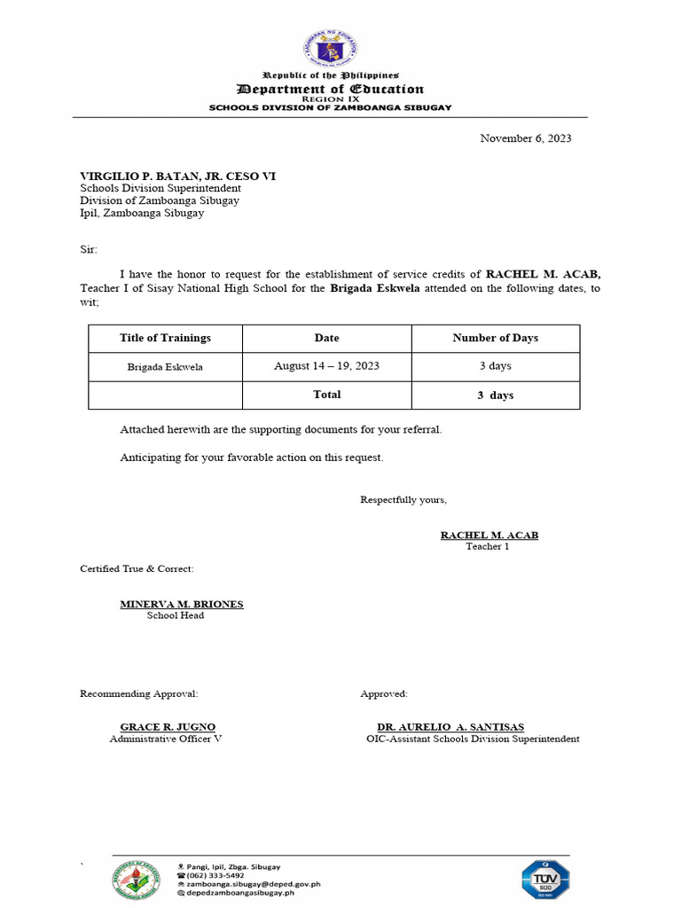 BRIGADA ESKWELA SERVICE CREDIT 2023-2024 | PDF
