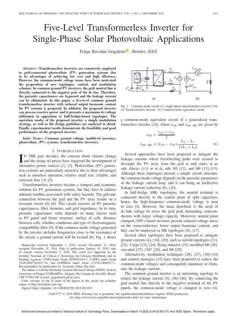 Five-Level Transformerless Inverter For Single-Phase Solar Photovoltaic Applications | PDF ...