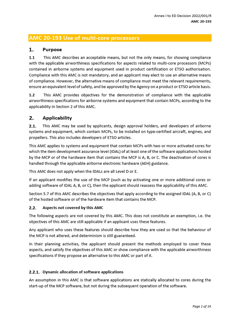 Annex I To Ed Decision 2022-001-r Amc 20-193 Use of Multi-Core ...