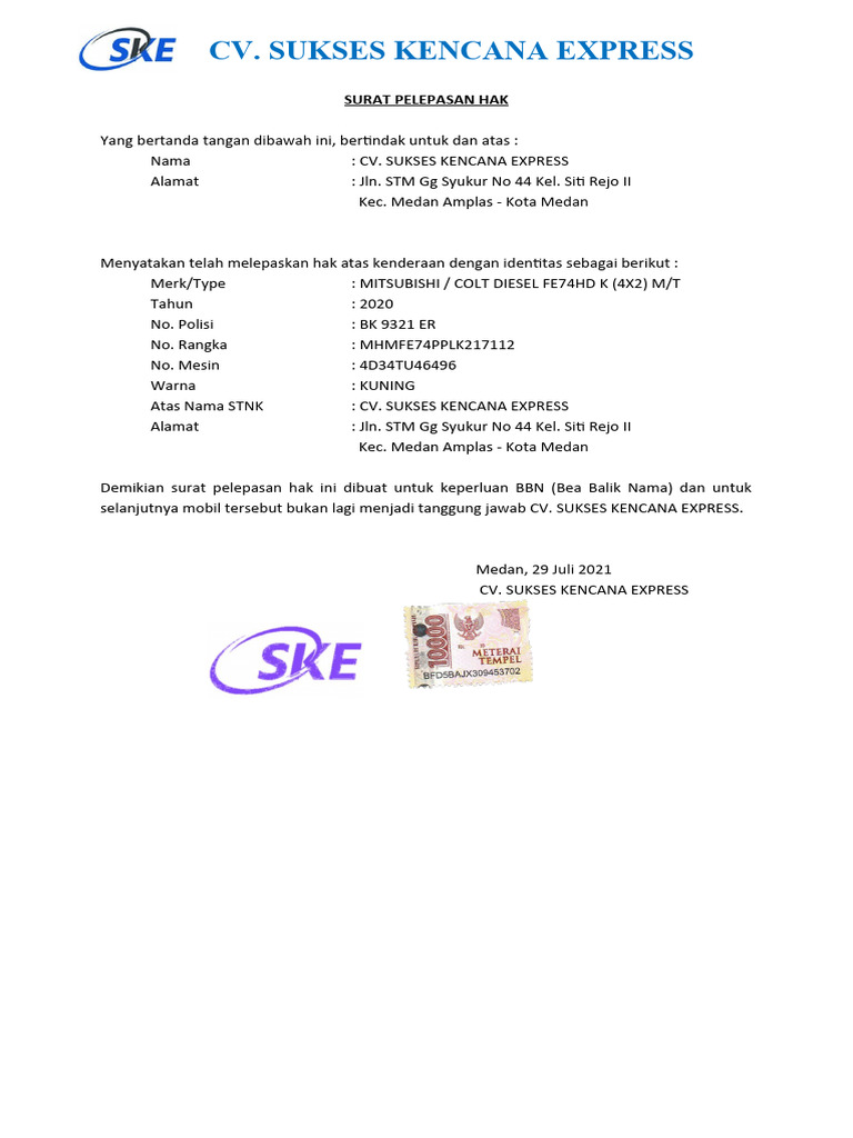 CV Sukses Kencana SURAT PELEPASAN HAK | PDF