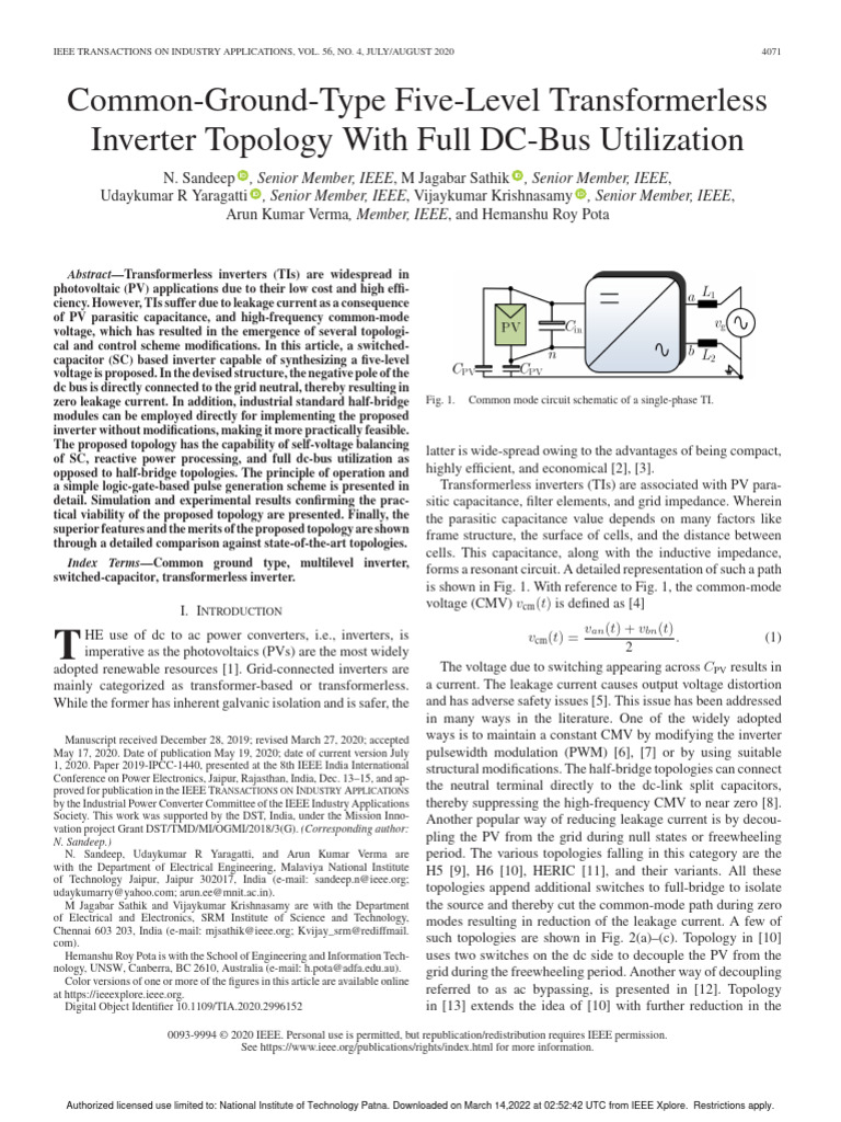 Common-Ground-Type Five-Level Transformerless Inverter Topology With Full DC-Bus Utilization ...