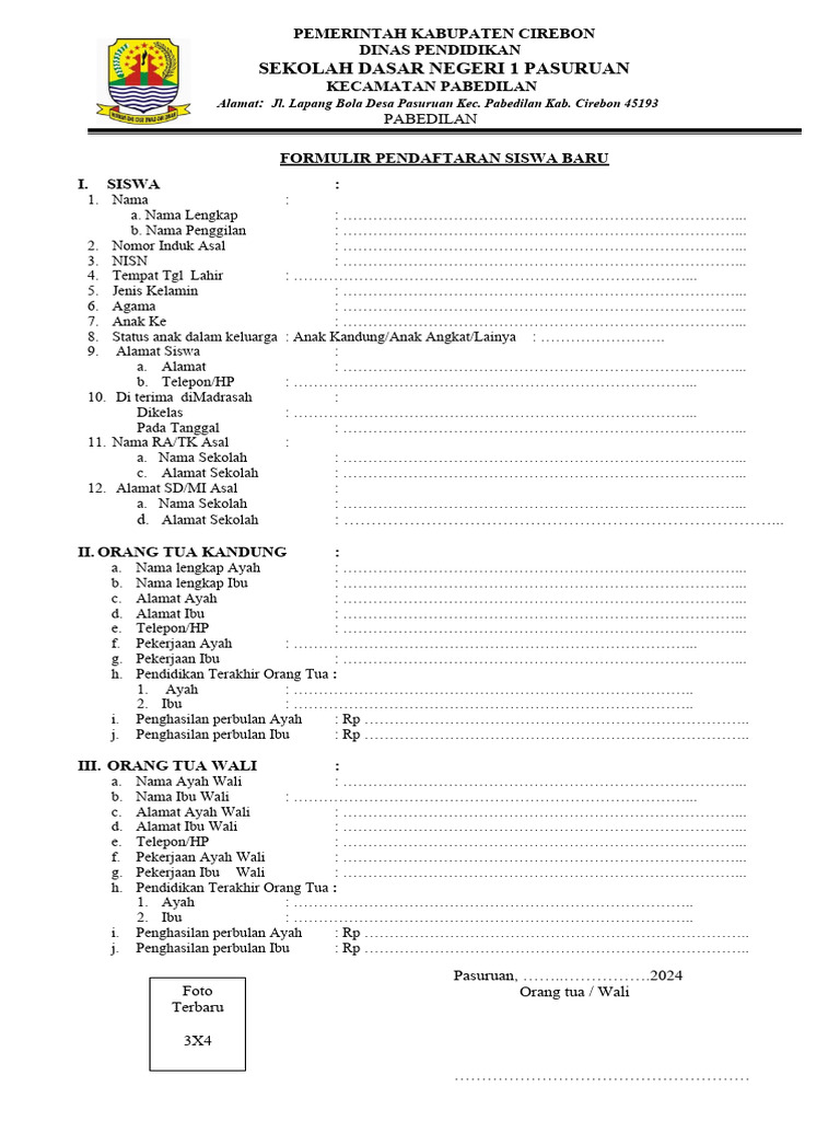 Contoh Formulir Pendaftaran Sekolah | PDF
