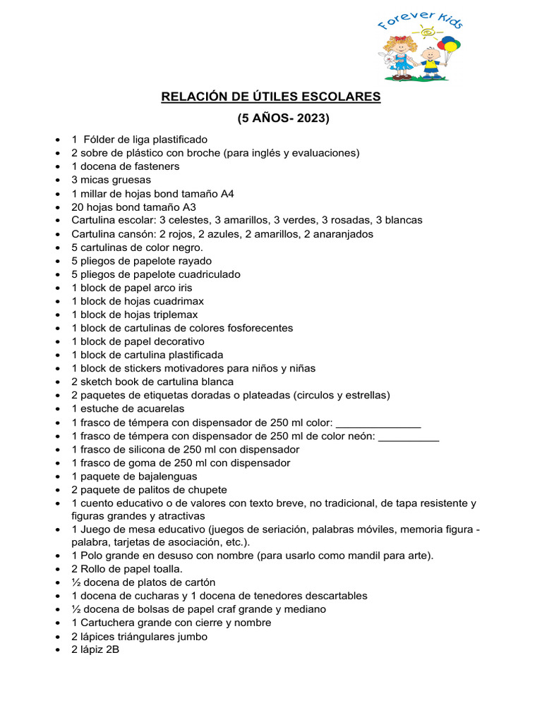 Útiles Escolares 5 Años 2023 | PDF | Papelería