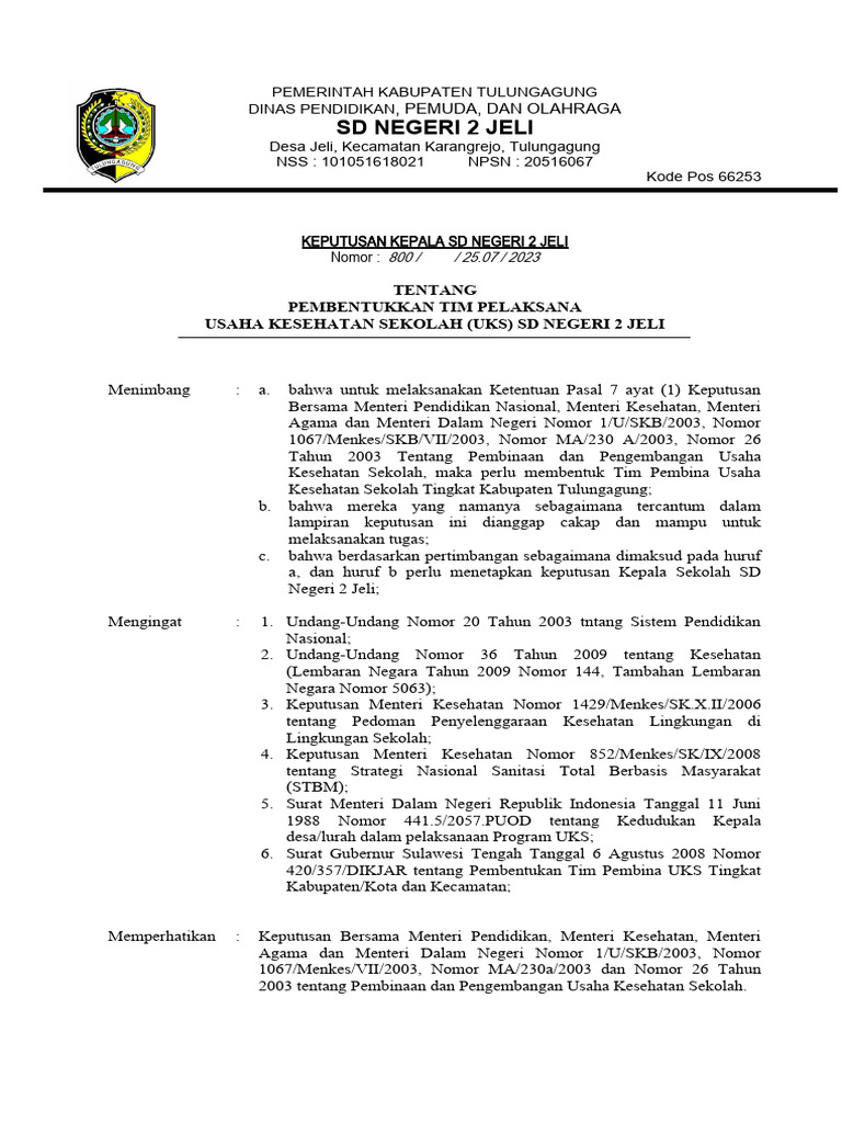 SK Pengurus Uks | PDF