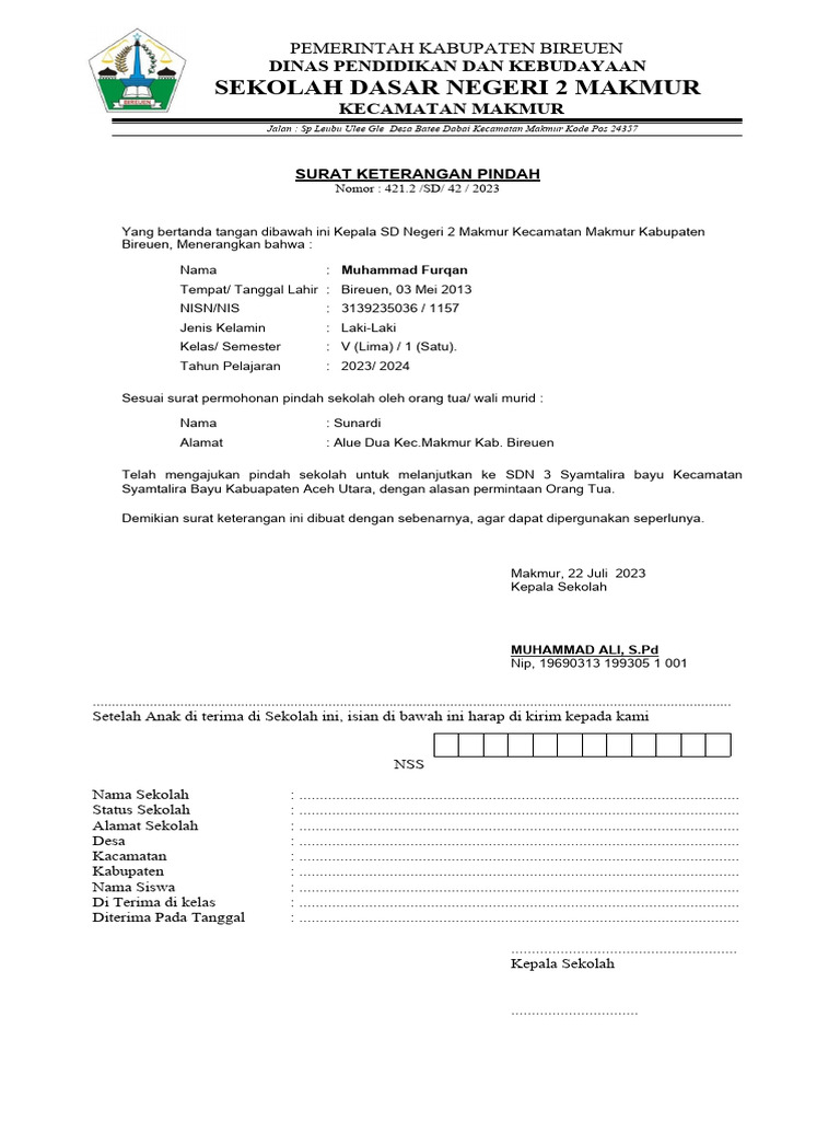 Surat Pindah Siswa Pdf