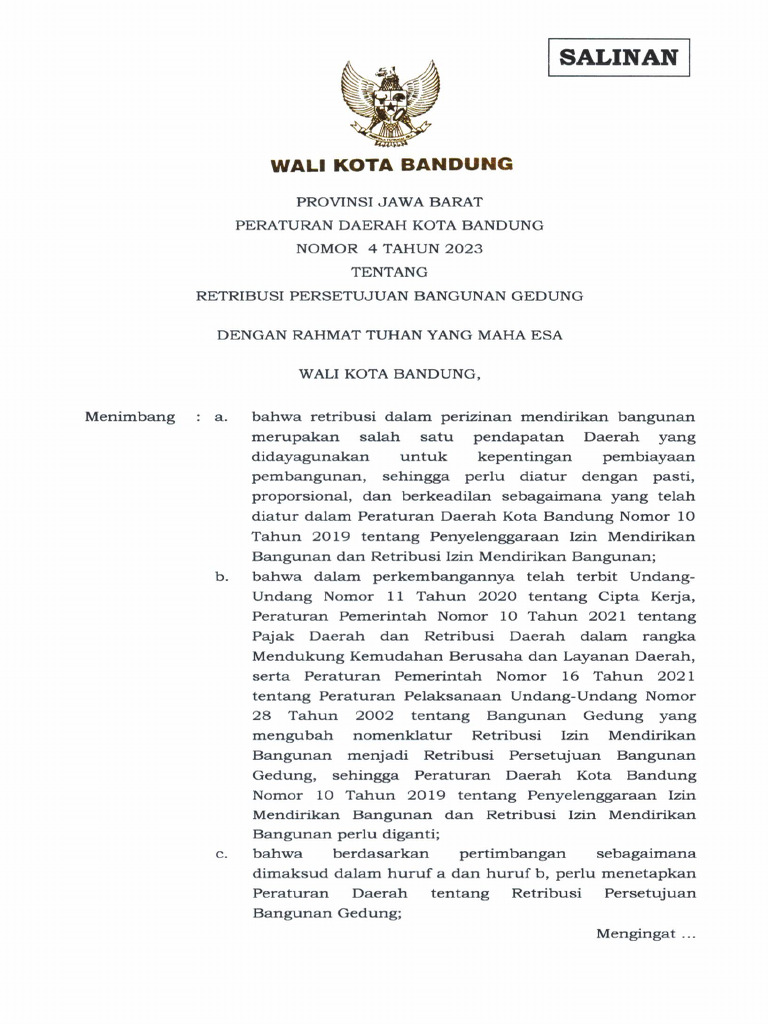 Perda PBG Kota Bandung No 4 Tahun 2023 | PDF
