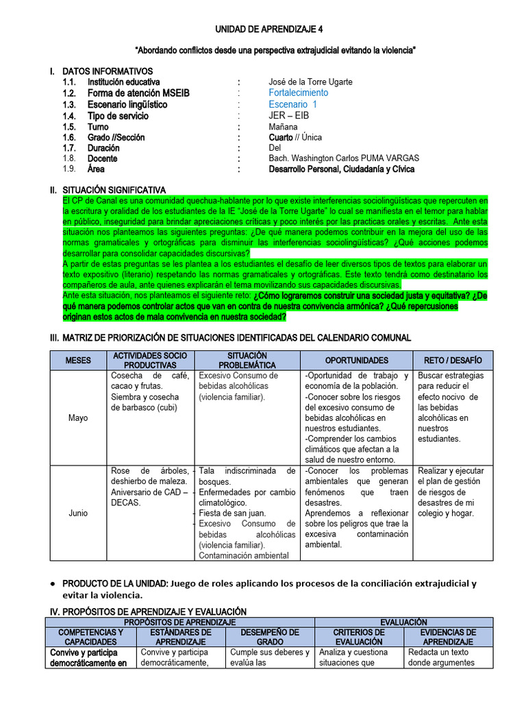 04 Unidad de Aprendizaje 2 DPCC - 4° 2024 | Descargar gratis PDF | Aprendizaje | Evaluación