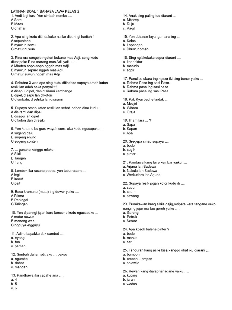 Latihan Soal 1 BHS Jawa Kelas 2 Pas Genap | PDF