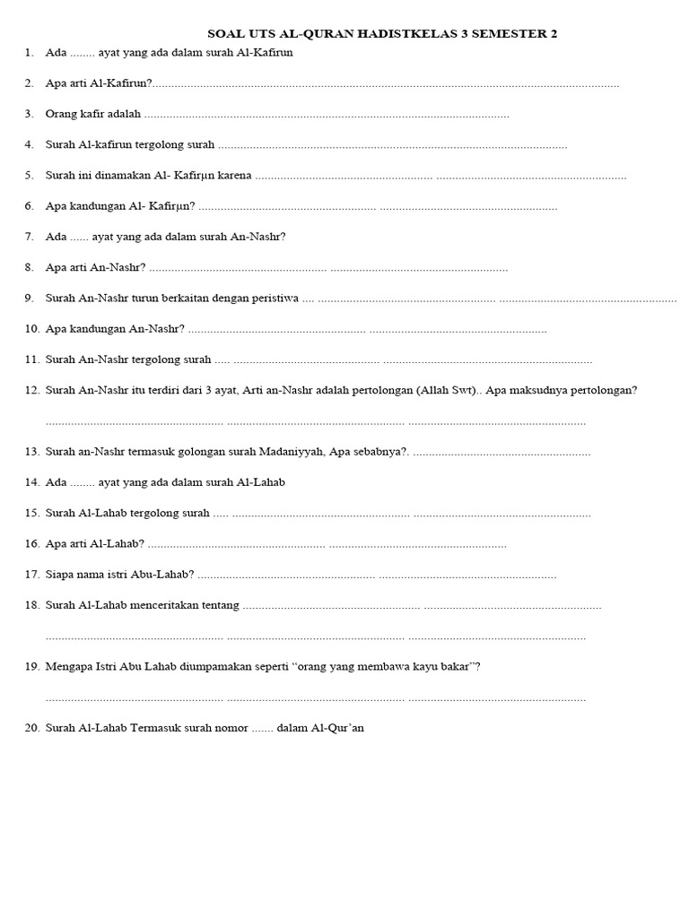 Soal Uts Alquran Hadist Kelas 3 Semester 2 | PDF