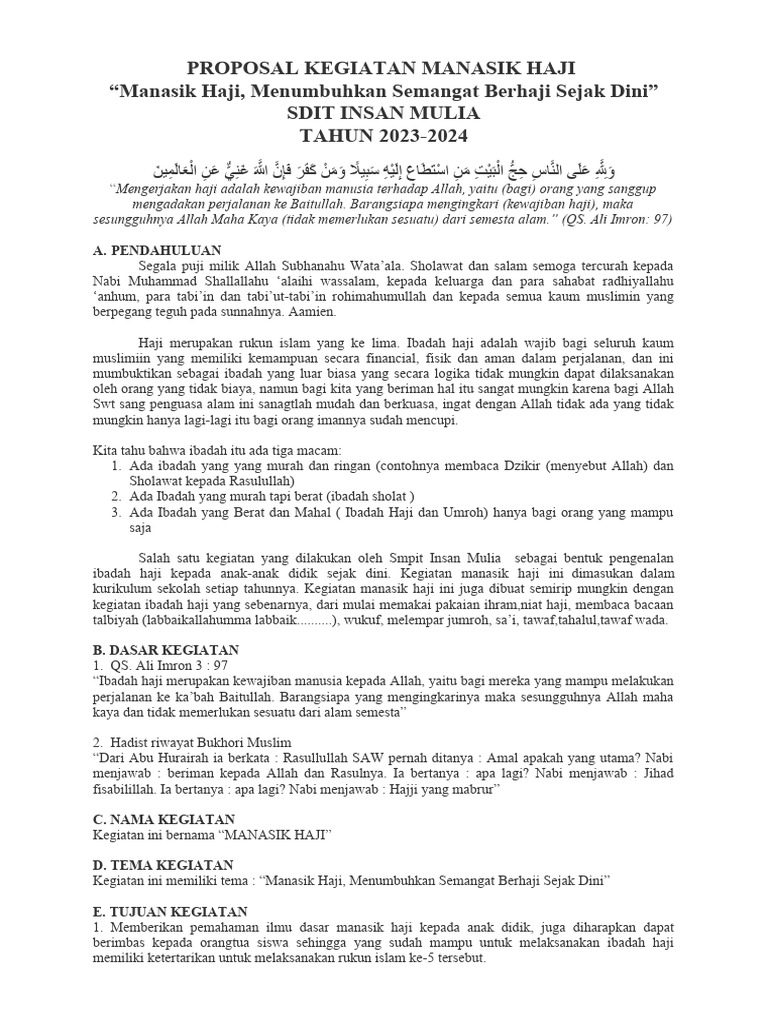 Proposal Manasik Haji 2024 SDIT INSAN MULIA | PDF