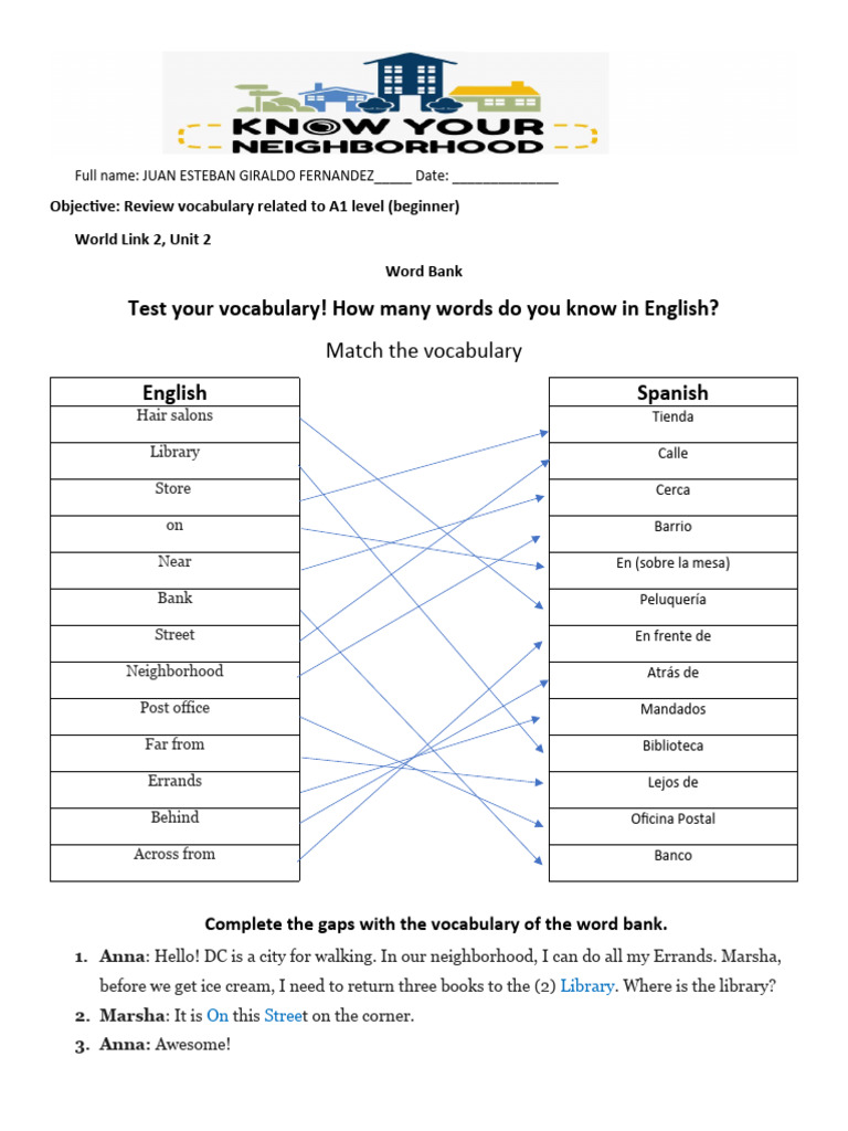 A1 Vocabulary Review: Neighborhood Terms | PDF