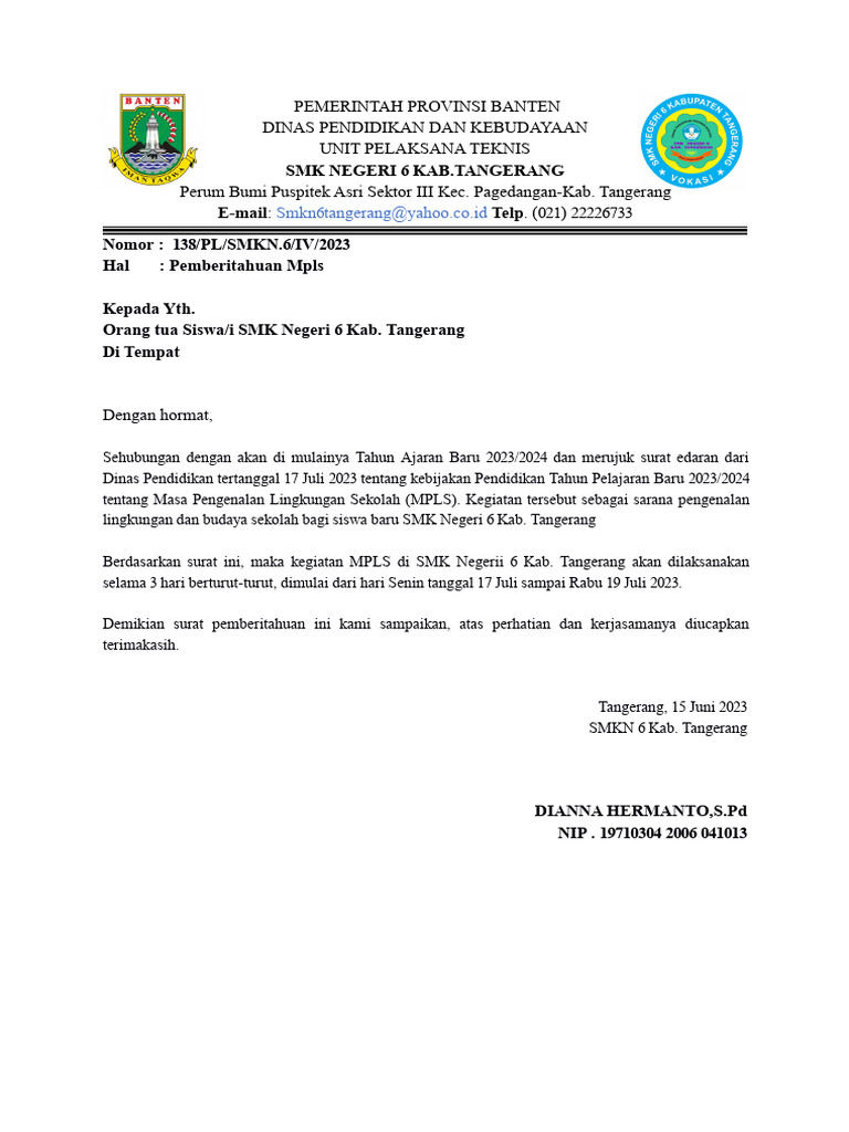 Surat Pemberitahuan MPLS | PDF