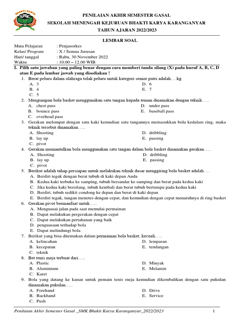 Penjaskes - X - Semuajurusan - Soal Pas - Miss Kismita | PDF