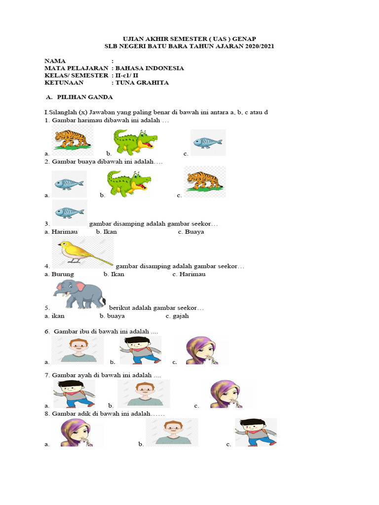 UAS Bahasa Indonesia Kelas II-C1 SLB | PDF