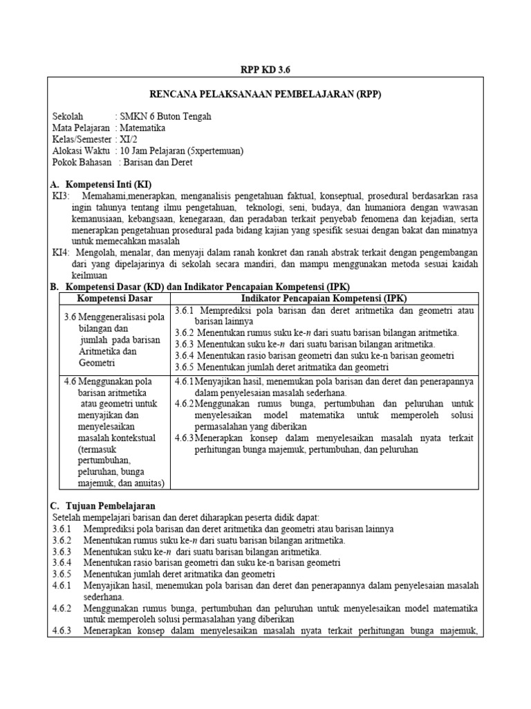 RPP XI KD 3.6 Barisan Dan Deret | PDF