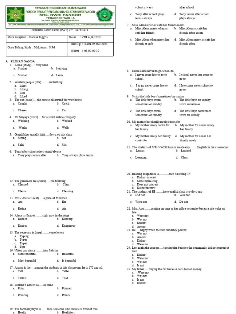 File Soal SMSTR Genap TH Pel 2024 - 25 | PDF