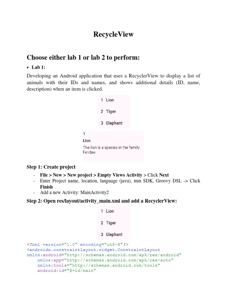 Exercise 8 - RecycleView | PDF | Constructor (Object Oriented Programming) | Programming