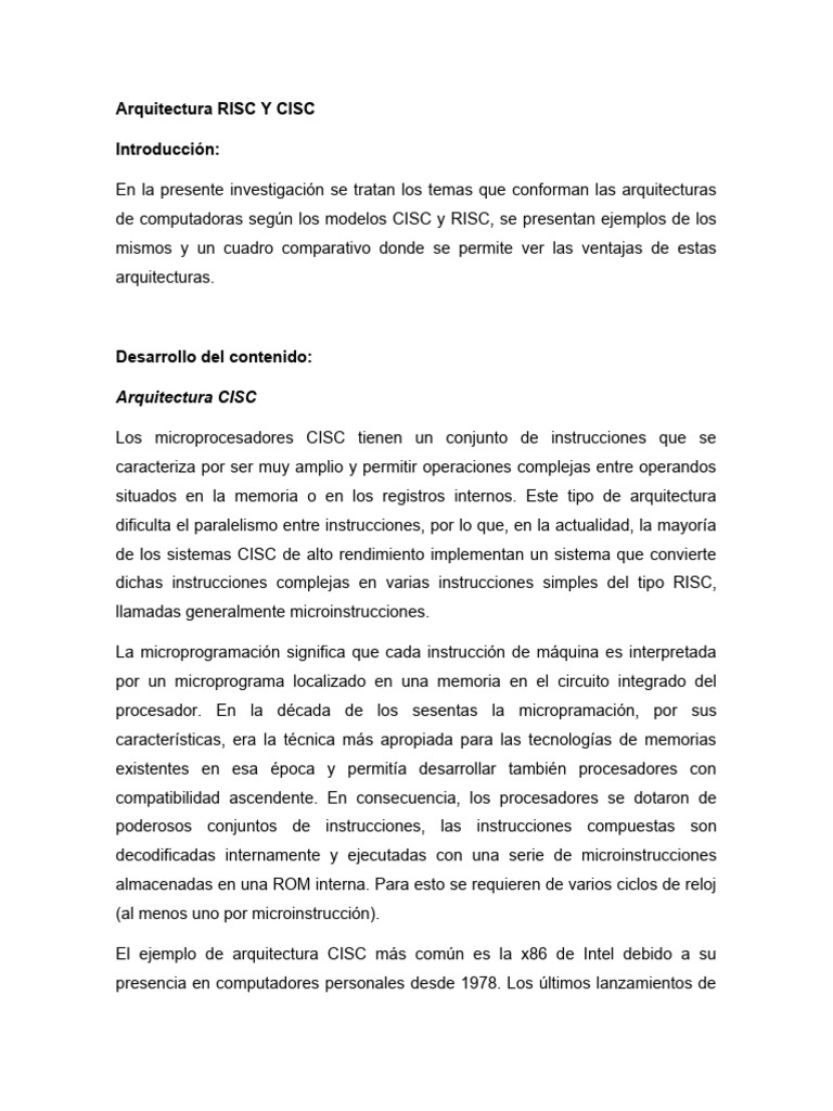 Comparativa de Arquitecturas RISC y CISC | PDF | Microprocesador ...