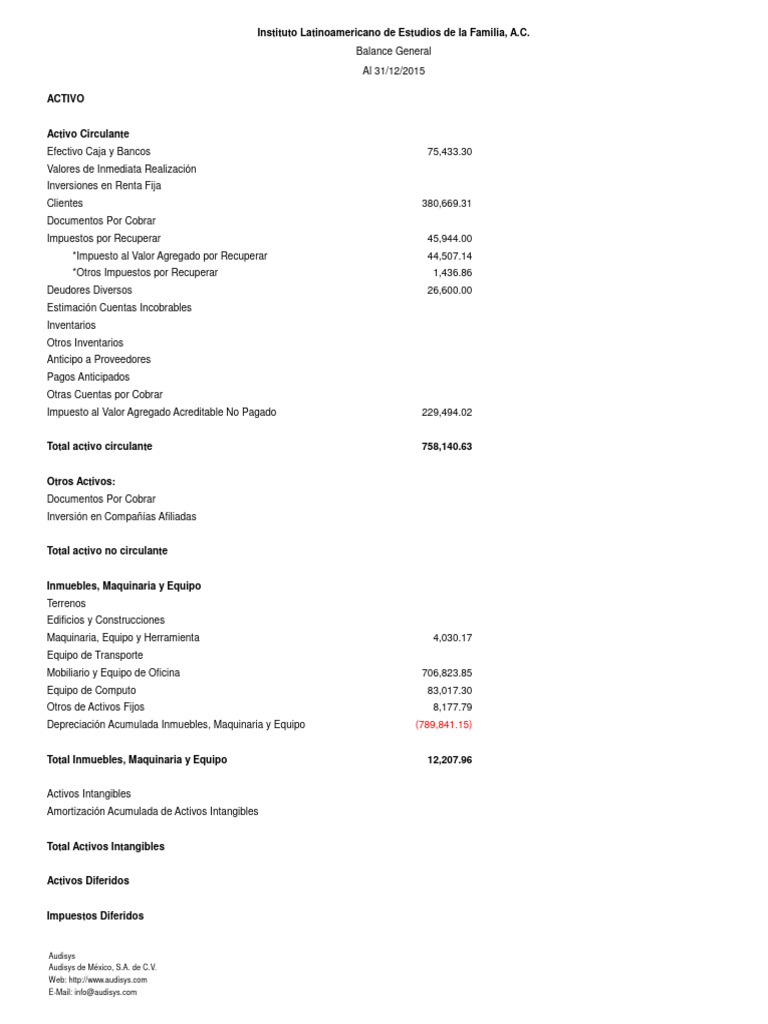 Balance General ILEF 2015 | PDF | Hoja de balance | Contabilidad