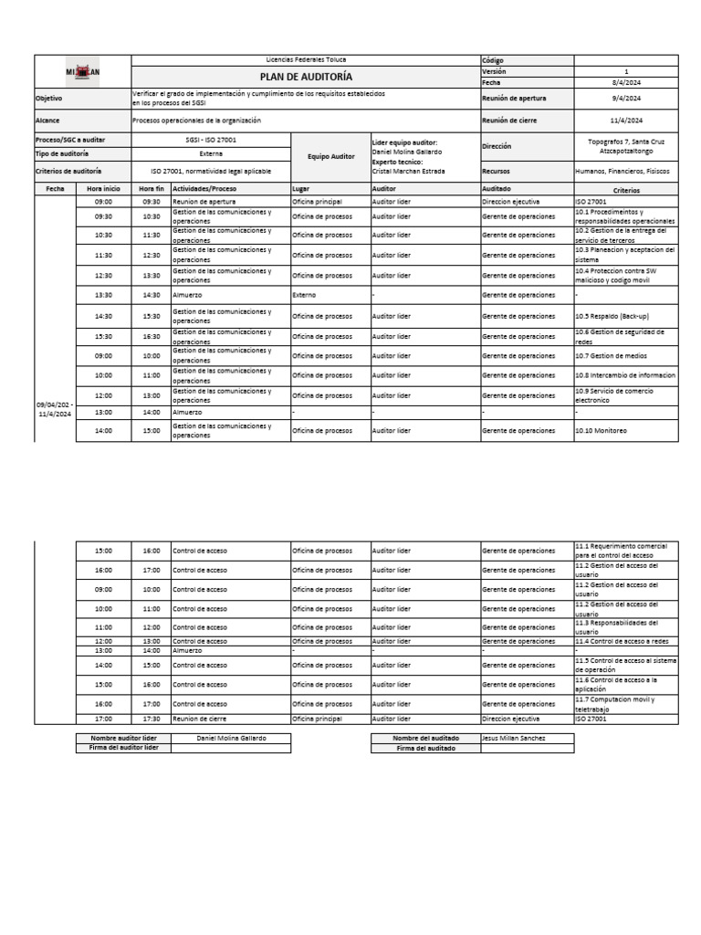 Plan de Auditoría ISO 27001 2024 | PDF | Auditoría | Business
