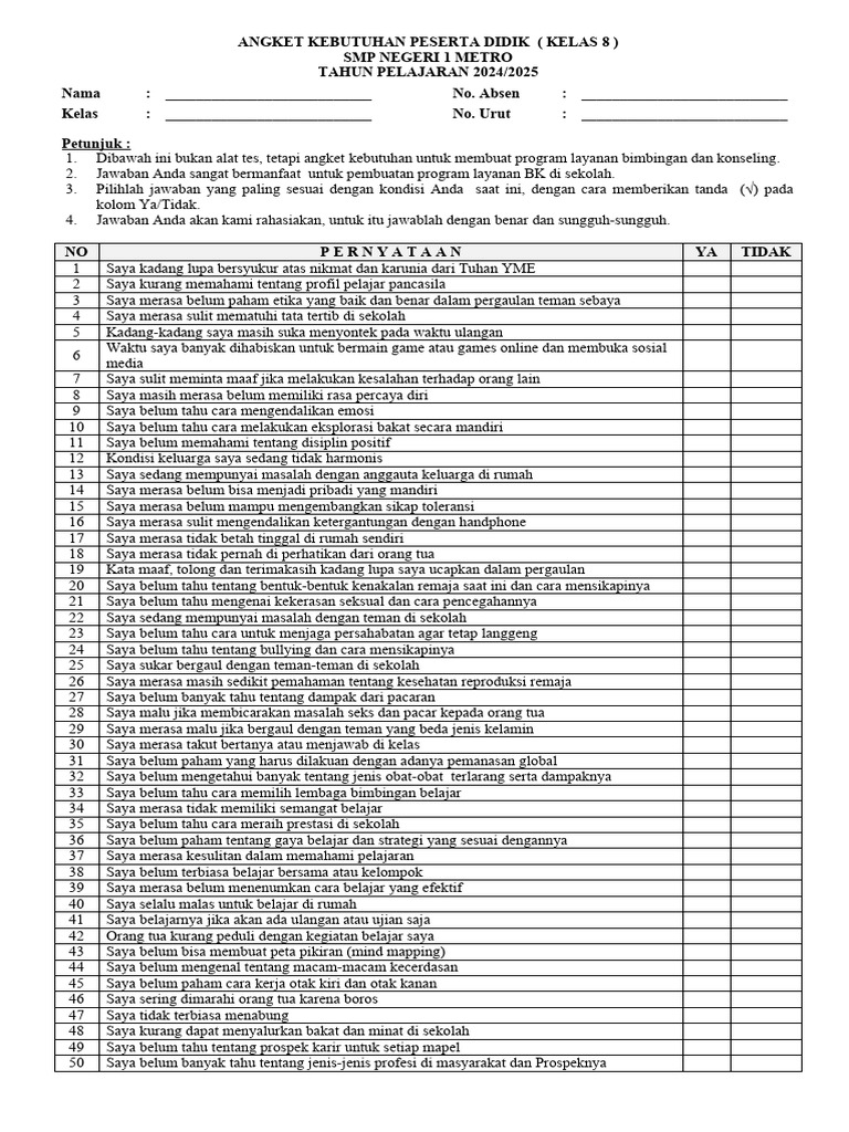 Angket Kebutuhan Siswa Kelas 8 | PDF