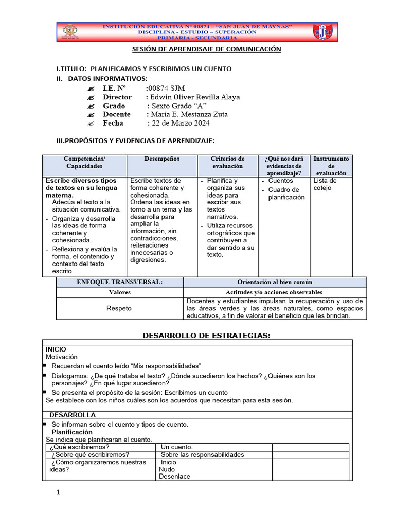 S. Ap. Planificamos y Escribimos Un Cuento | PDF | Cuentos | Evaluación