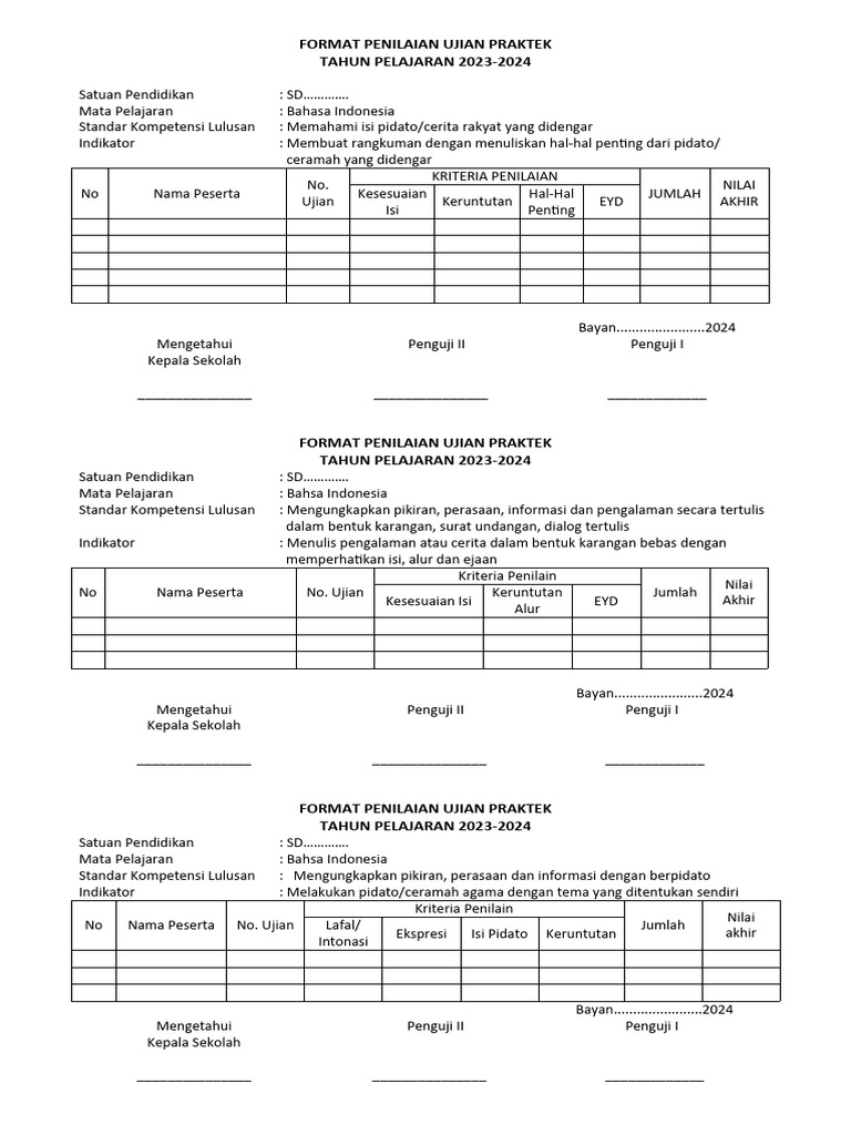 Format Penilaian US Praktek 2024 | PDF
