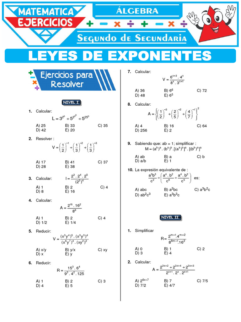 Leyes de Exponentes para Segundo Grado de Secundaria | PDF