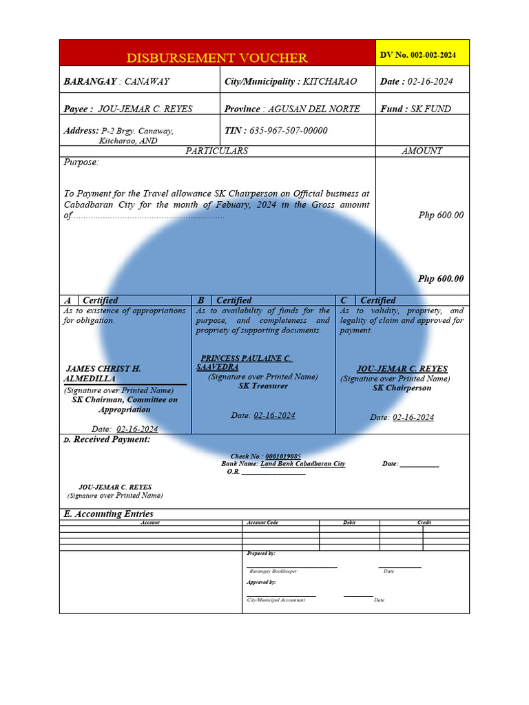Disbursement Voucher SK | PDF | Payments | Bookkeeping