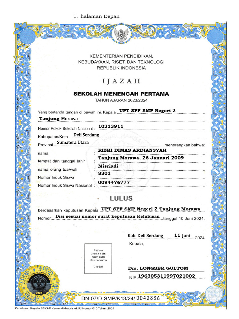 Contoh Penulisan Ijazah Jenjang SMP | PDF