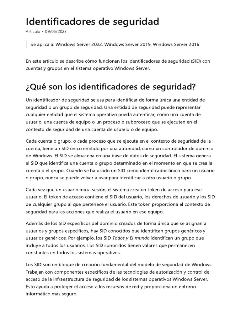 Identificadores de Seguridad - Microsoft Learn | PDF | Usuario (informática) | Directorio Activo