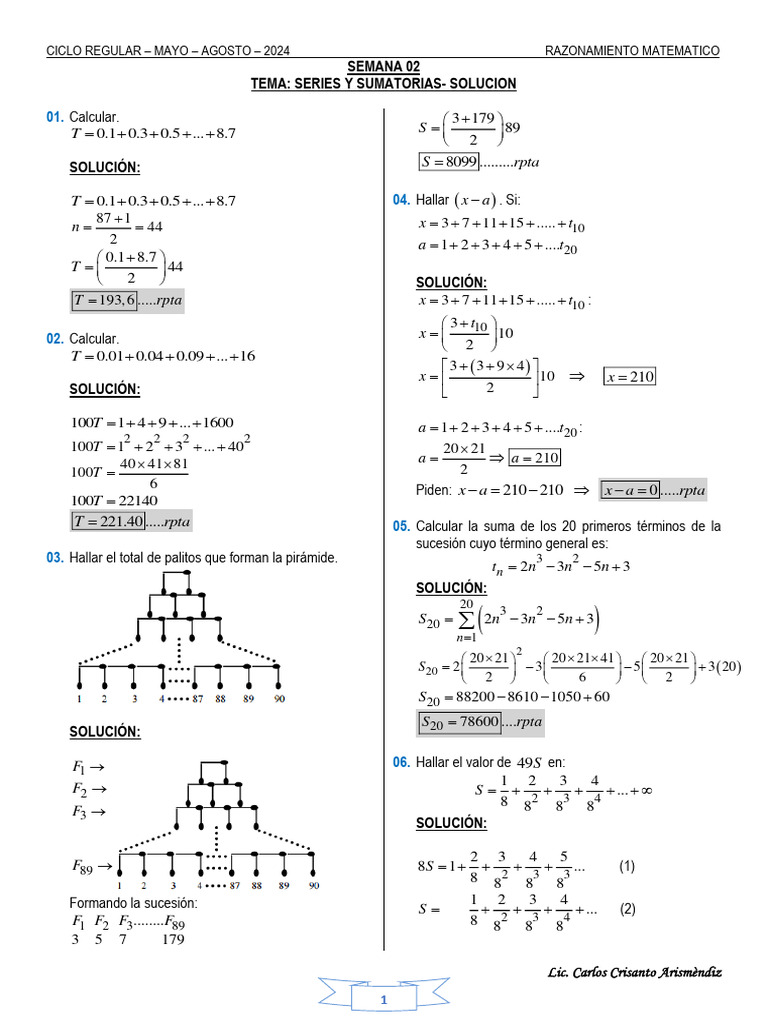 Raz. Matematico - s02 - Series y Sumatorias - Regular - 2024 - 2 - Soluciones | PDF | Matemáticas
