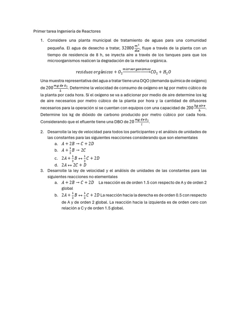 Primer Tarea Primer Parcial Ingeniería de Reactores | PDF