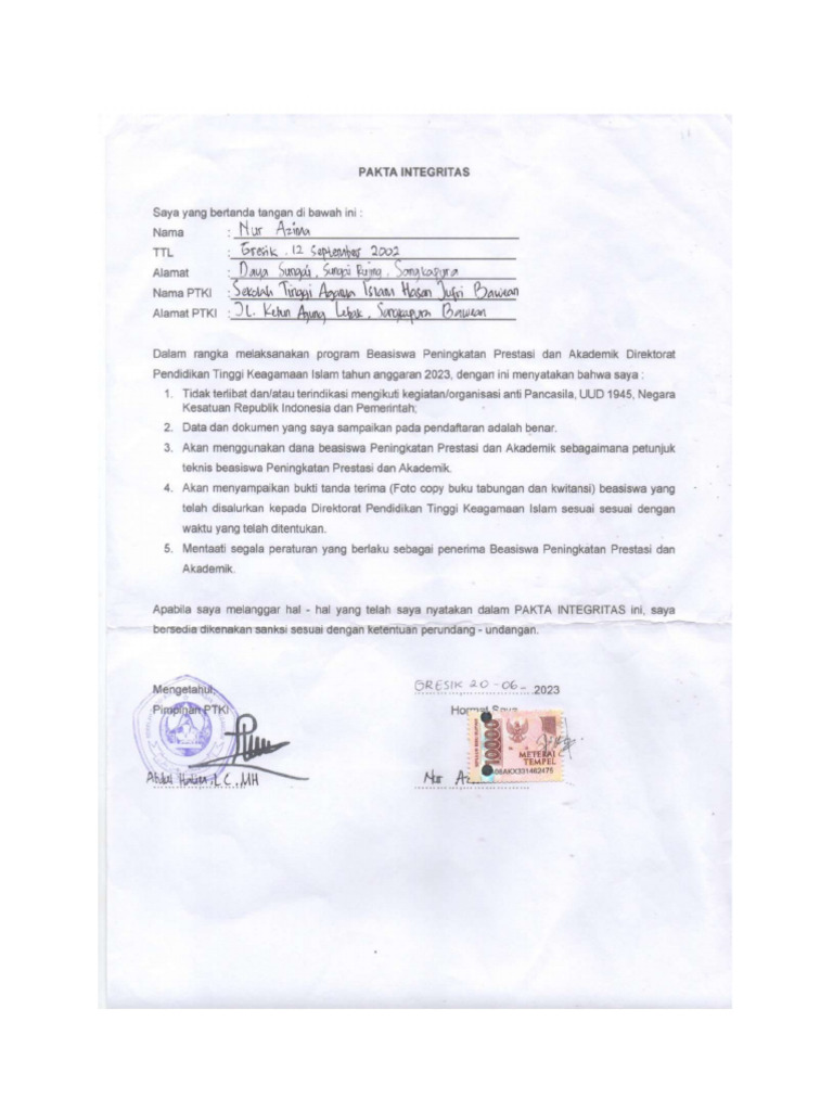 Pakta Integritas BPPA 2023 | PDF