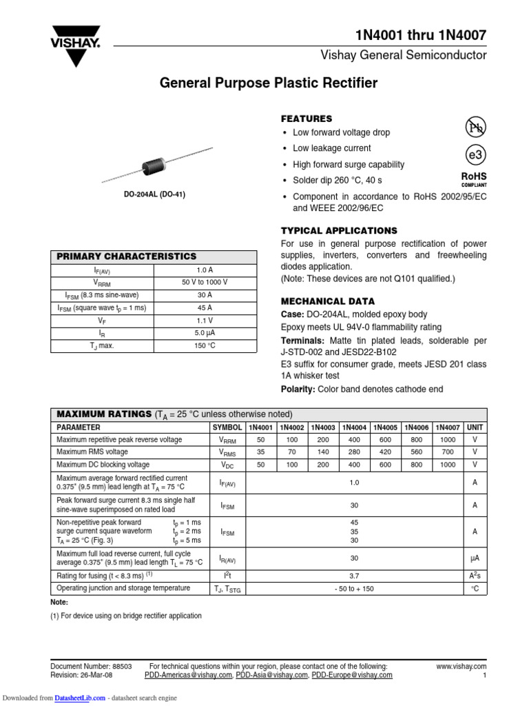 1N4001 Thru 1N4007 - 50v To 1000v, 1A General Purpose Plastic Rectifier ...