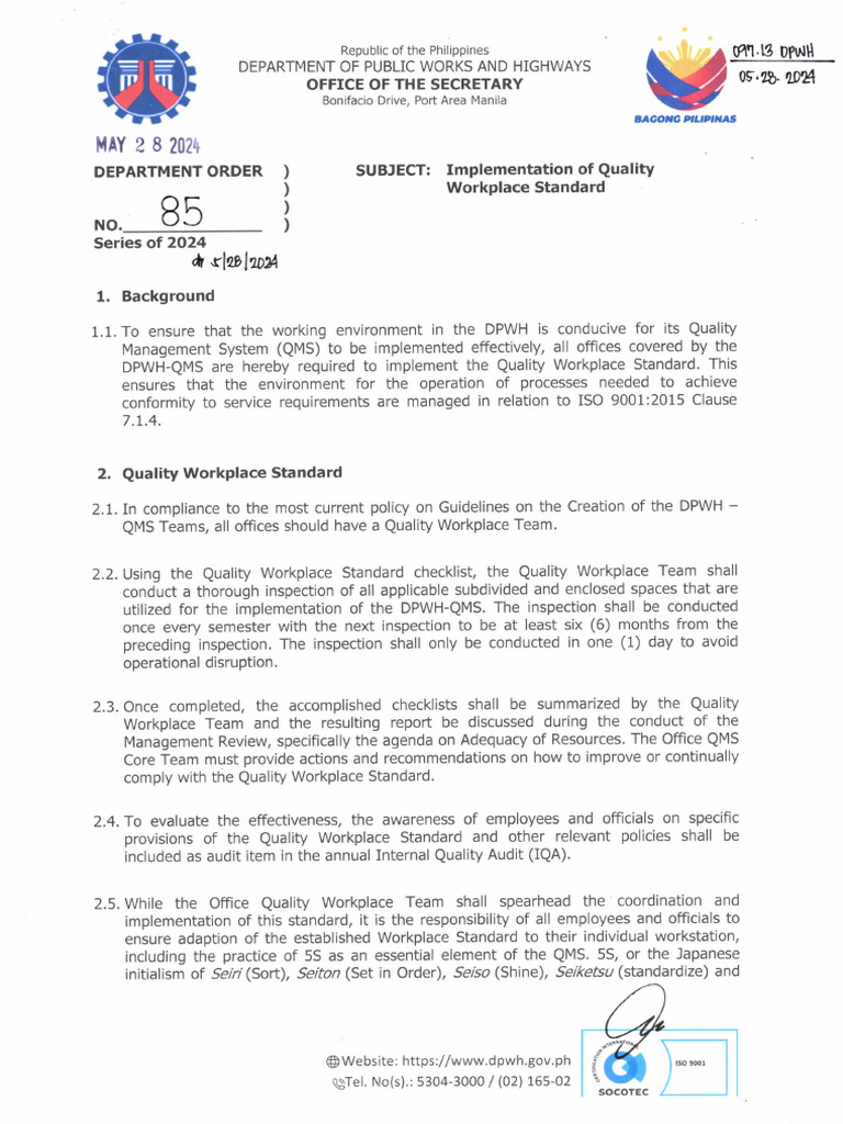 DO - 085 - s2024 Implementation of Quality Workplace Standard | PDF | Quality Management System ...