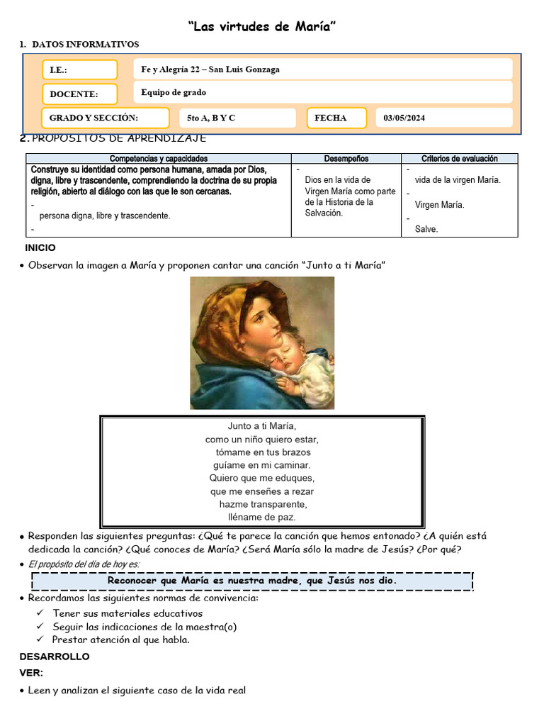 Ses. Religión Virtudes de María - La Salve | PDF | María, madre de Jesús | Creencia religiosa y ...