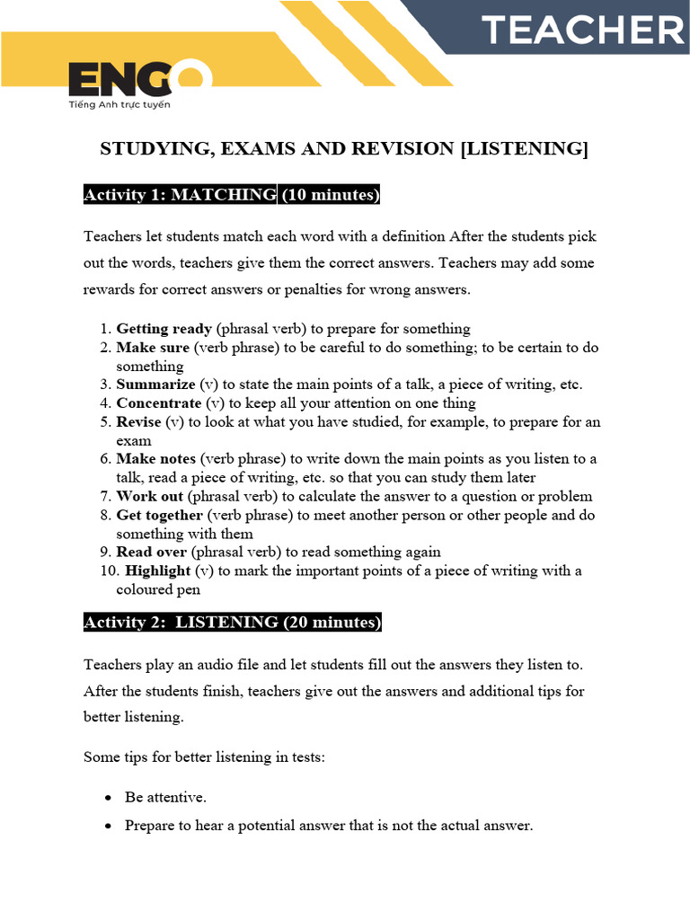Studying, Exams and Revision - LISTENING - TEACHER - S NOTES | PDF ...