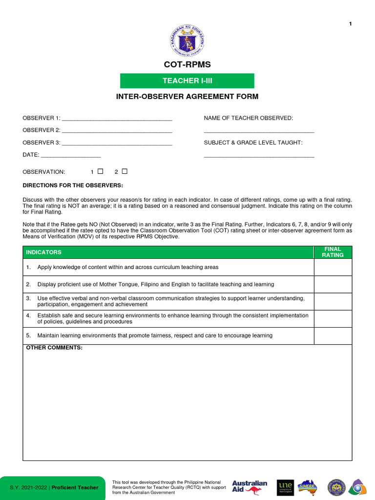 [Appendix 3F] COT-RPMS Inter-observer Agreement Form for T I-III for SY 2021-2022 in the Time of ...