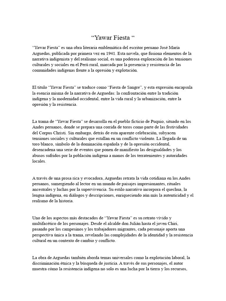 Ensayo de La Obra Yawar Fiesta | PDF | Perú