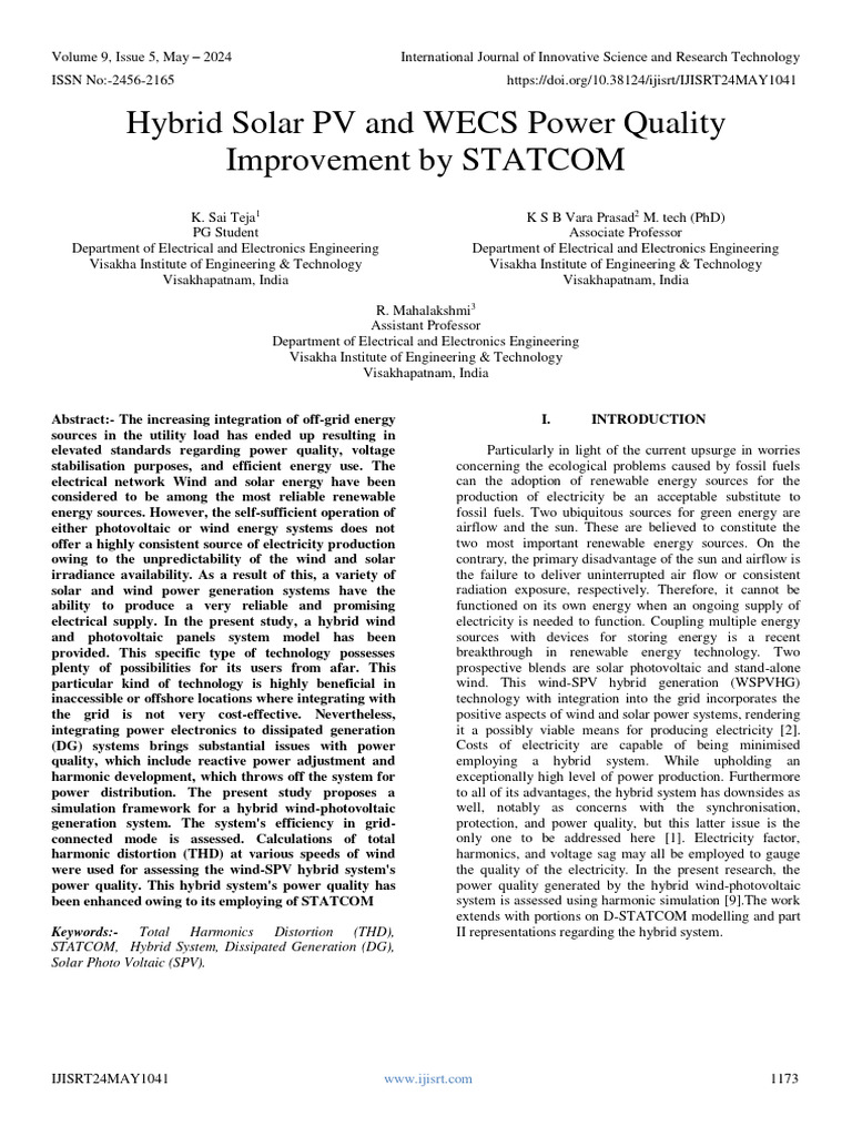 Hybrid Solar PV and WECS Power Quality Improvement by STATCOM | PDF | Electric Power | Solar Power