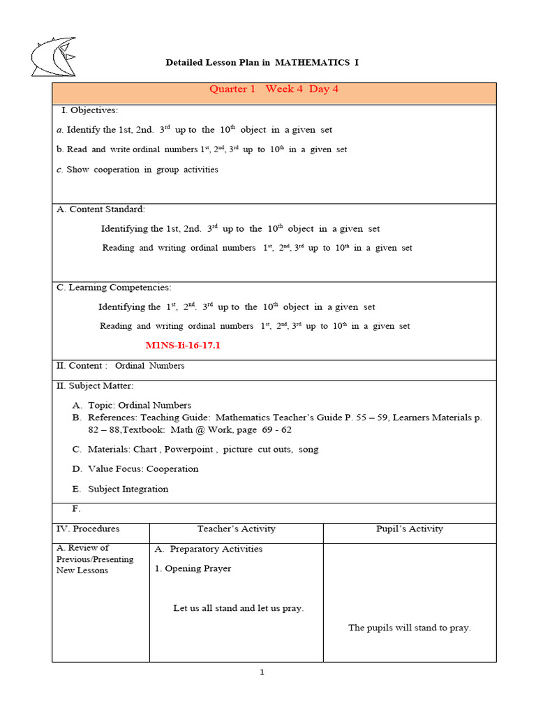 Grade 1 Ordinal Numbers Lesson Plan | PDF | Differentiated Instruction ...