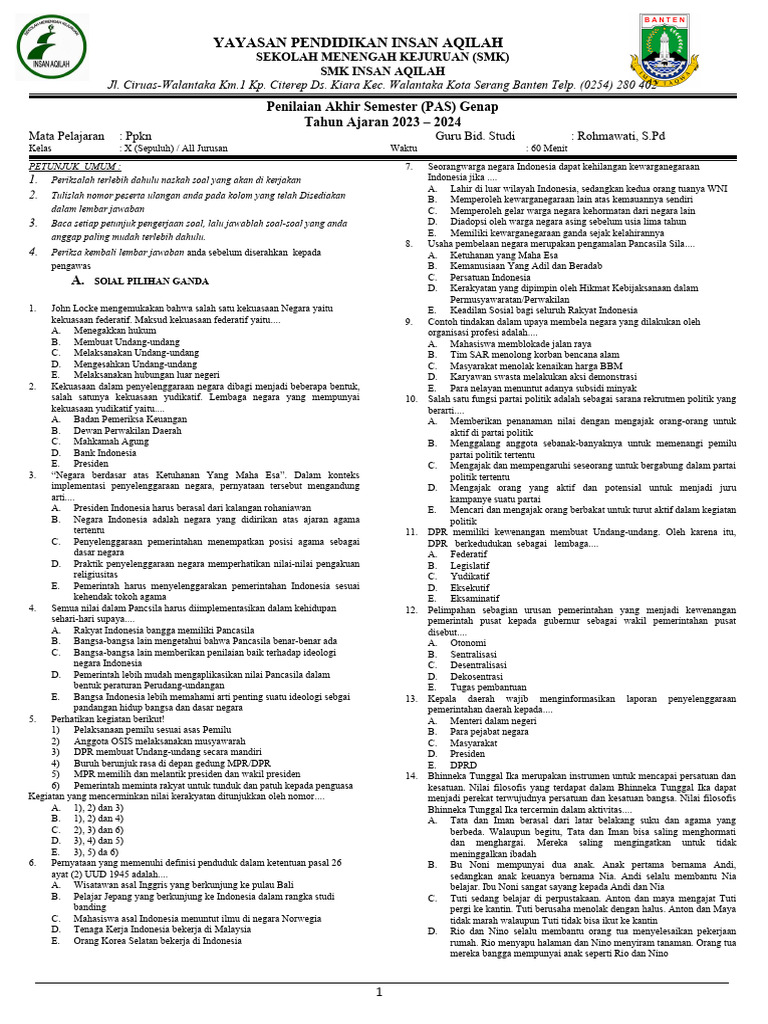 Soal Pas Genap PPKN Kelas X (Rohmawati) | PDF