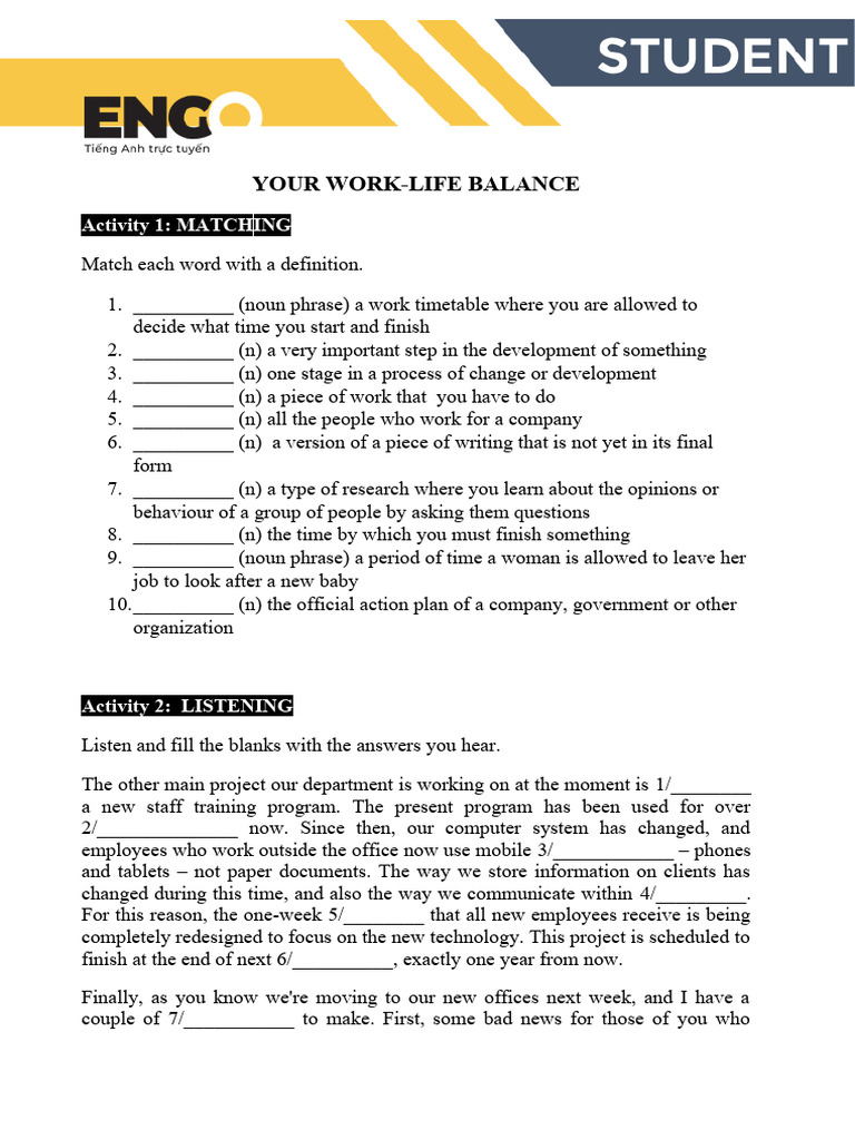 Your Work-Life Balance - LISTENING - STUDENT HANDOUT | PDF