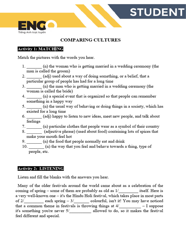 Comparing Cultures - LISTENING - STUDENT HANDOUT | PDF | Language Arts ...