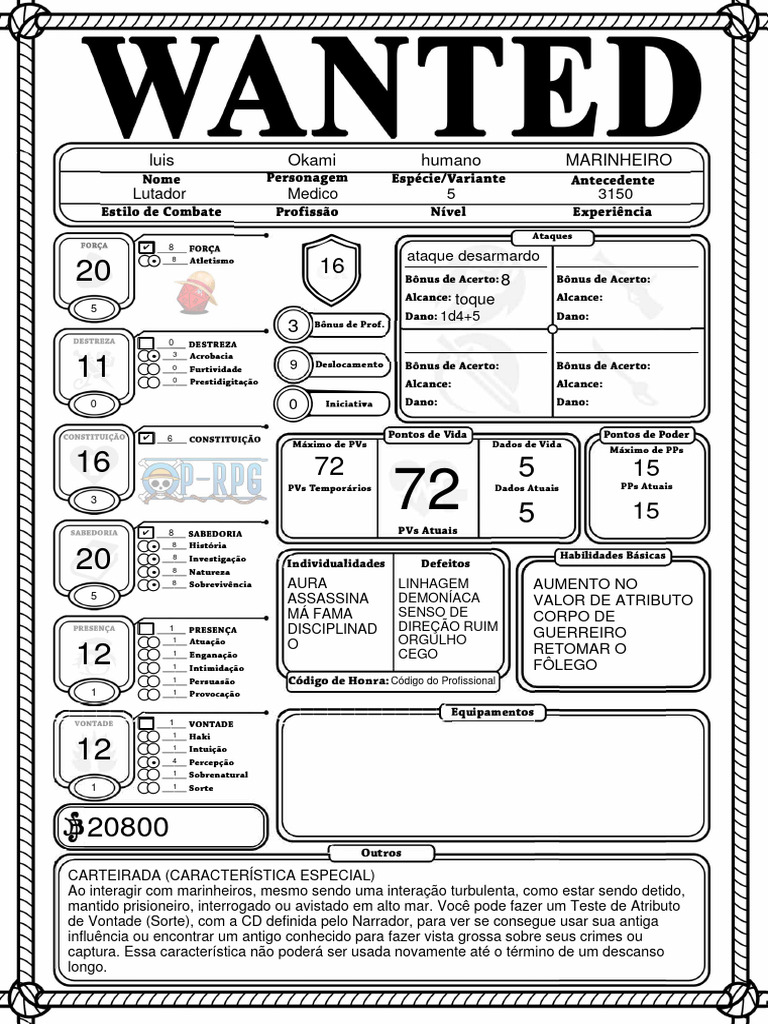 OP RPG - Ficha de Personagem 1.5 - Editável | PDF