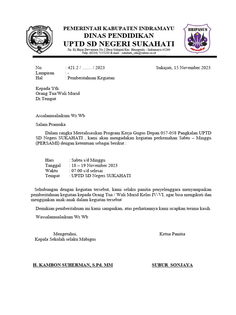 Pemberitahuan Kegiatan PERSAMI SD Sukahati | PDF