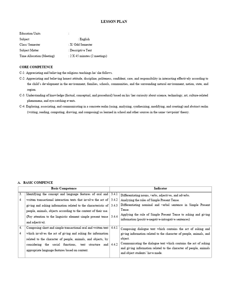 Lesson Plan Descriptive Text Senior High School | PDF | Verb | Adjective