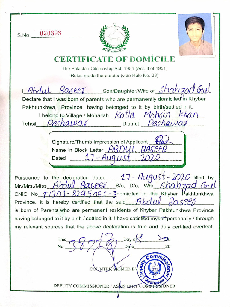 Domicile Certificate | PDF